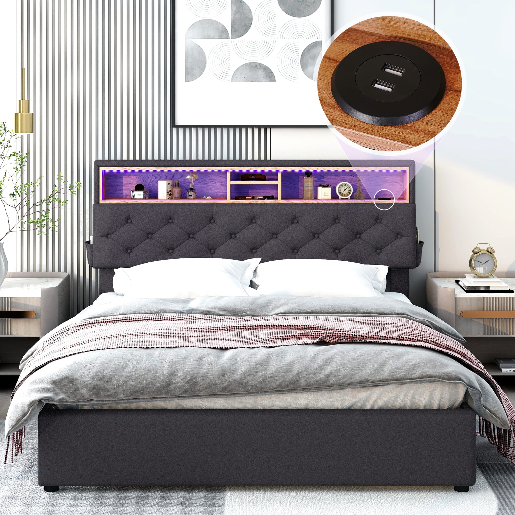 ccko Queen Size Bed Frame with Storage Headboard, USB Charging Station and 2 Drawers, No Box Spring Needed Upholstered Platform Bed Frame with LED Light Strip, Dark Gray(Not Include Mattress)
