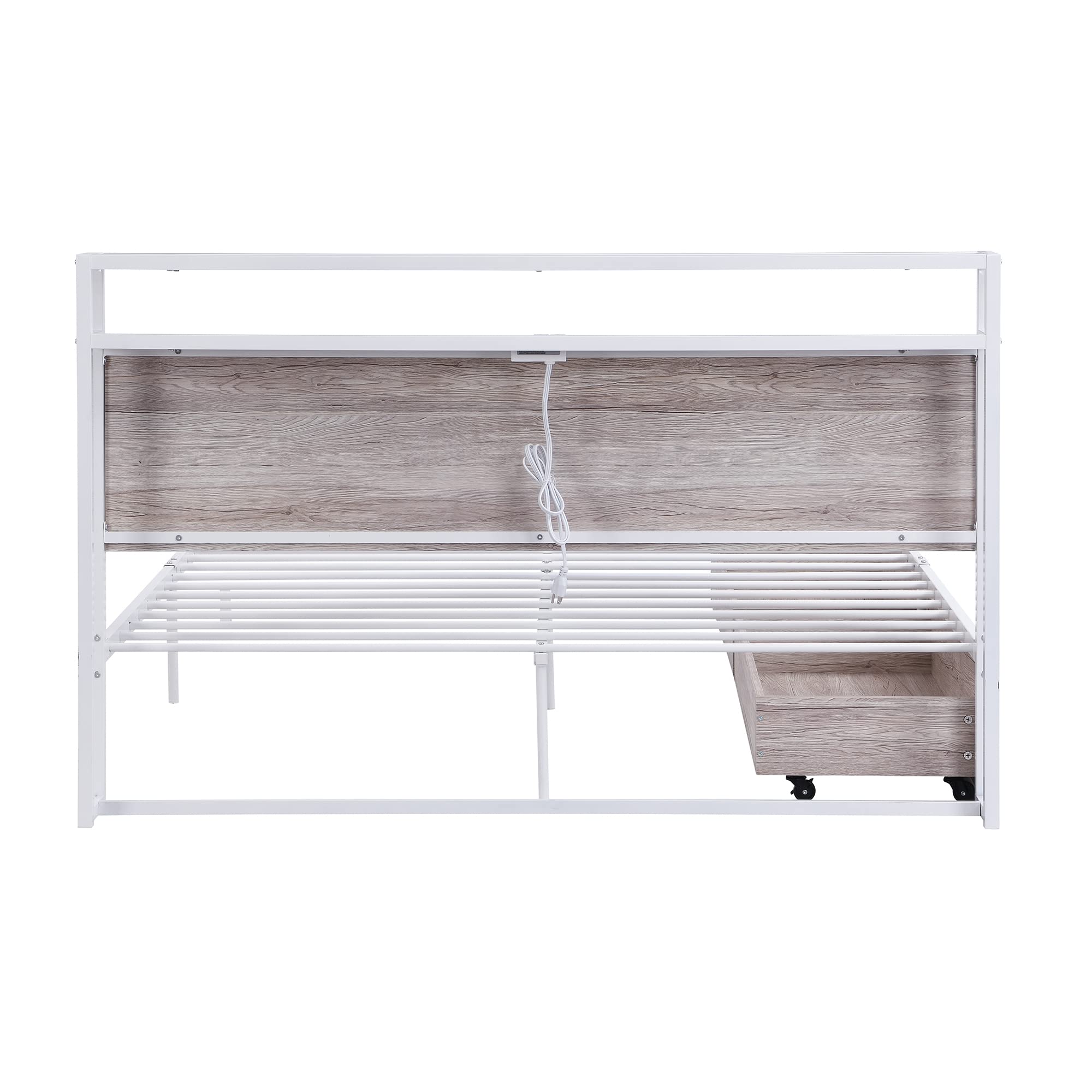 CITYLIGHT Metal Bed Frame Queen with Two Drawers, Queen Size Storage Bed with Sockets, USB ports and Slat Support,No Box Spring Needed,Easy Assembly,White