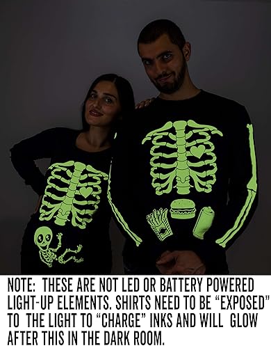 Men's Glow in The Dark Skeleton Ribcage Long Sleeve Shirt Halloween Costume Glowing tee (Mens X-Large)