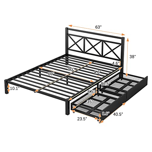RORIGAT Queen Bed with 2 Drawers, Metal Platform Heavy Duty Beds Frames with Storage, Noise-Free, No Box Spring Needed/Easy Assembly (Queen Size, Black)