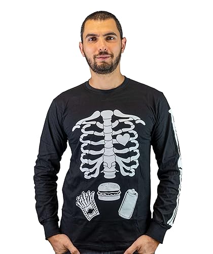 Men's Glow in The Dark Skeleton Ribcage Long Sleeve Shirt Halloween Costume Glowing tee (Mens X-Large)