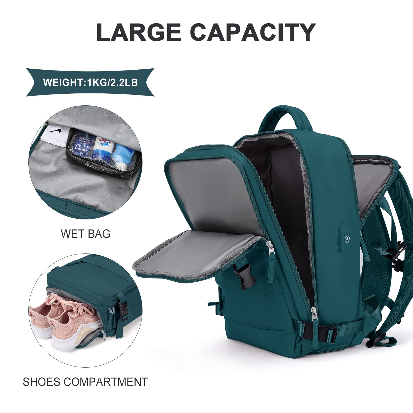 coowoz Large Travel Backpack For Women Men,Carry On Backpack,Hiking Backpack Waterproof Outdoor Sports Rucksack Casual Daypack Travel Essentials(Peacock Blue)