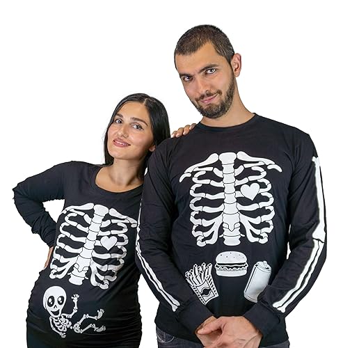 Men's Glow in The Dark Skeleton Ribcage Long Sleeve Shirt Halloween Costume Glowing tee (Mens X-Large)