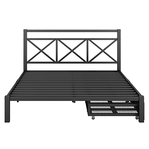 RORIGAT Queen Bed with 2 Drawers, Metal Platform Heavy Duty Beds Frames with Storage, Noise-Free, No Box Spring Needed/Easy Assembly (Queen Size, Black)