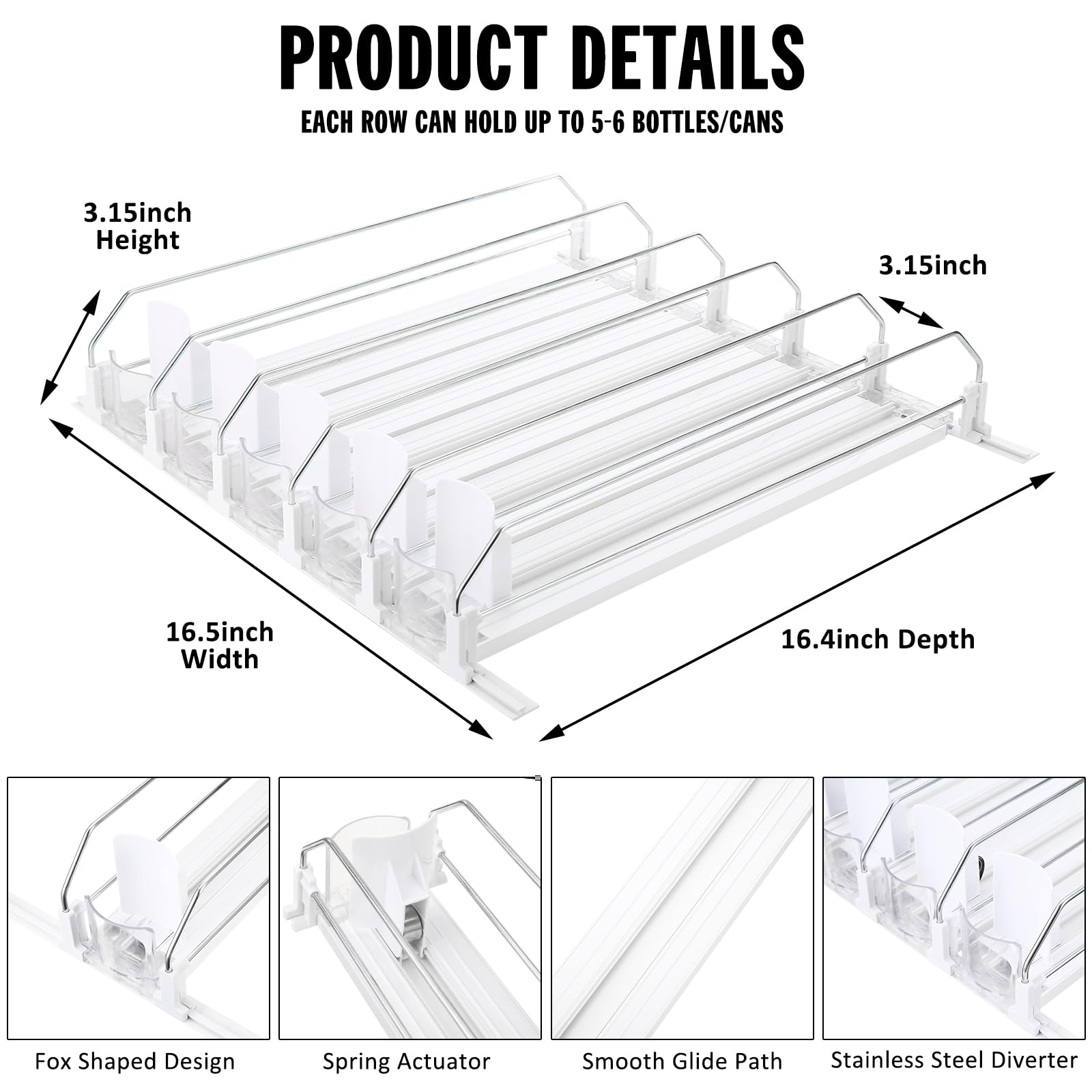 ONCHSH Drink Organizer for Fridge,Soda Can Drink Organizer for Refrigerator,Beer Pop Can Water Bottle Storage for Pantry,Width Adjustable Beverage Pusher Glide (White, 16.4"D - 5 Rows)