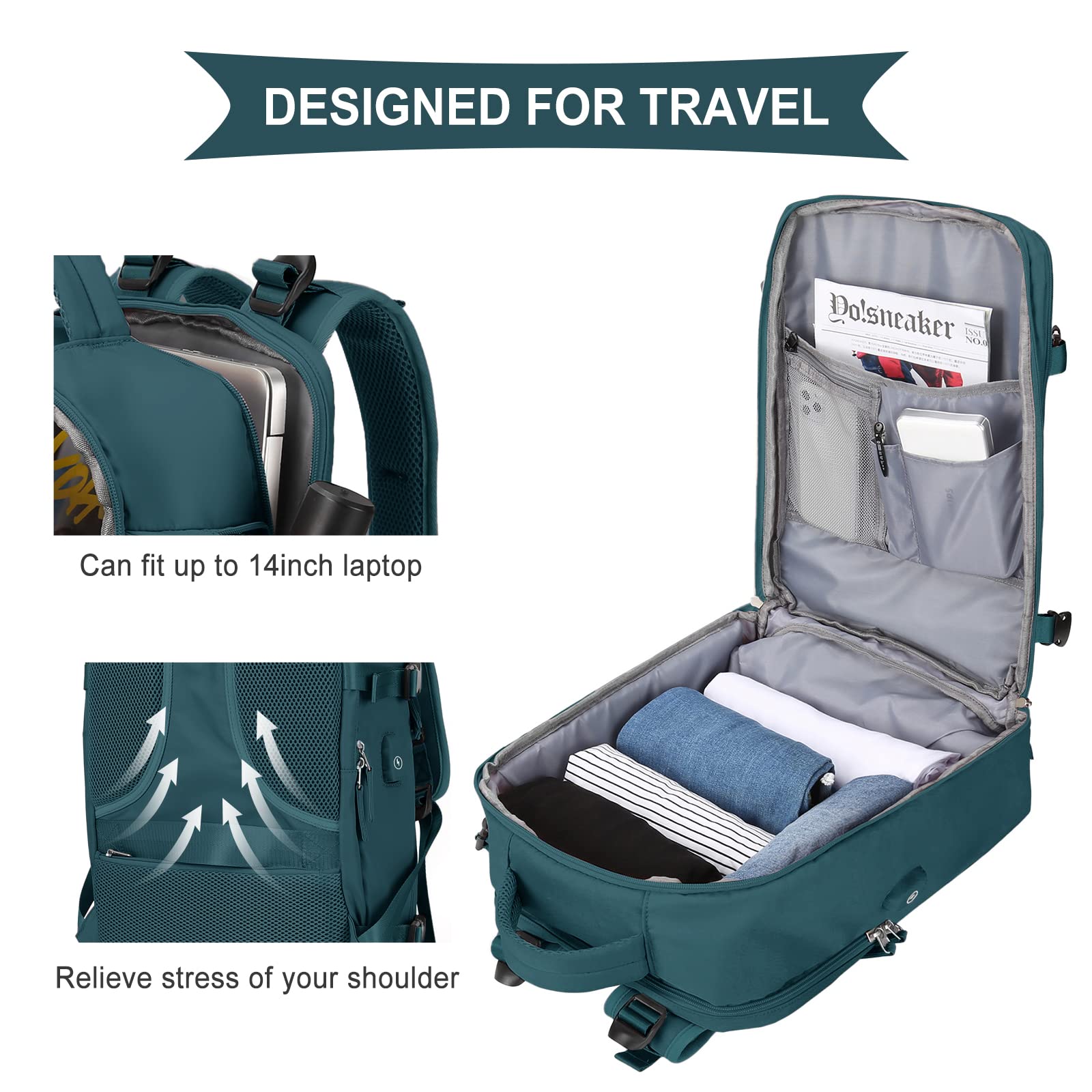 coowoz Large Travel Backpack For Women Men,Carry On Backpack,Hiking Backpack Waterproof Outdoor Sports Rucksack Casual Daypack Travel Essentials(Peacock Blue)