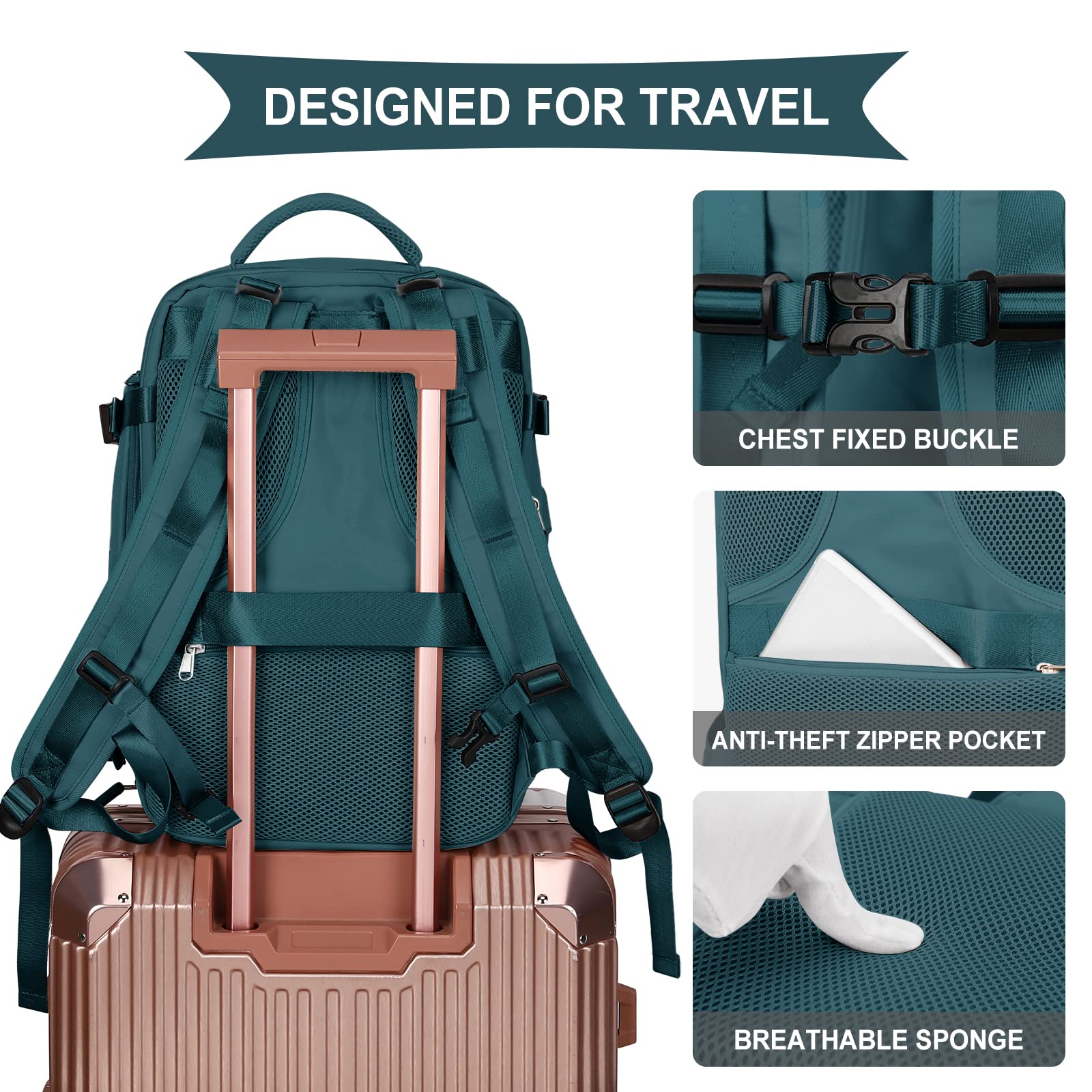 coowoz Large Travel Backpack For Women Men,Carry On Backpack,Hiking Backpack Waterproof Outdoor Sports Rucksack Casual Daypack Travel Essentials(Peacock Blue)
