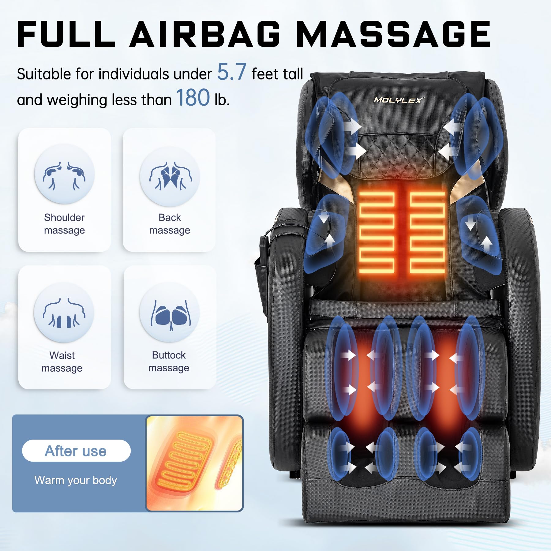 Molylex 2023 Massage Chair Recliner with Zero Gravity, Full Body Massage Chair with Heating, Airbags, Easy to Use at Home and in The Office (Black)