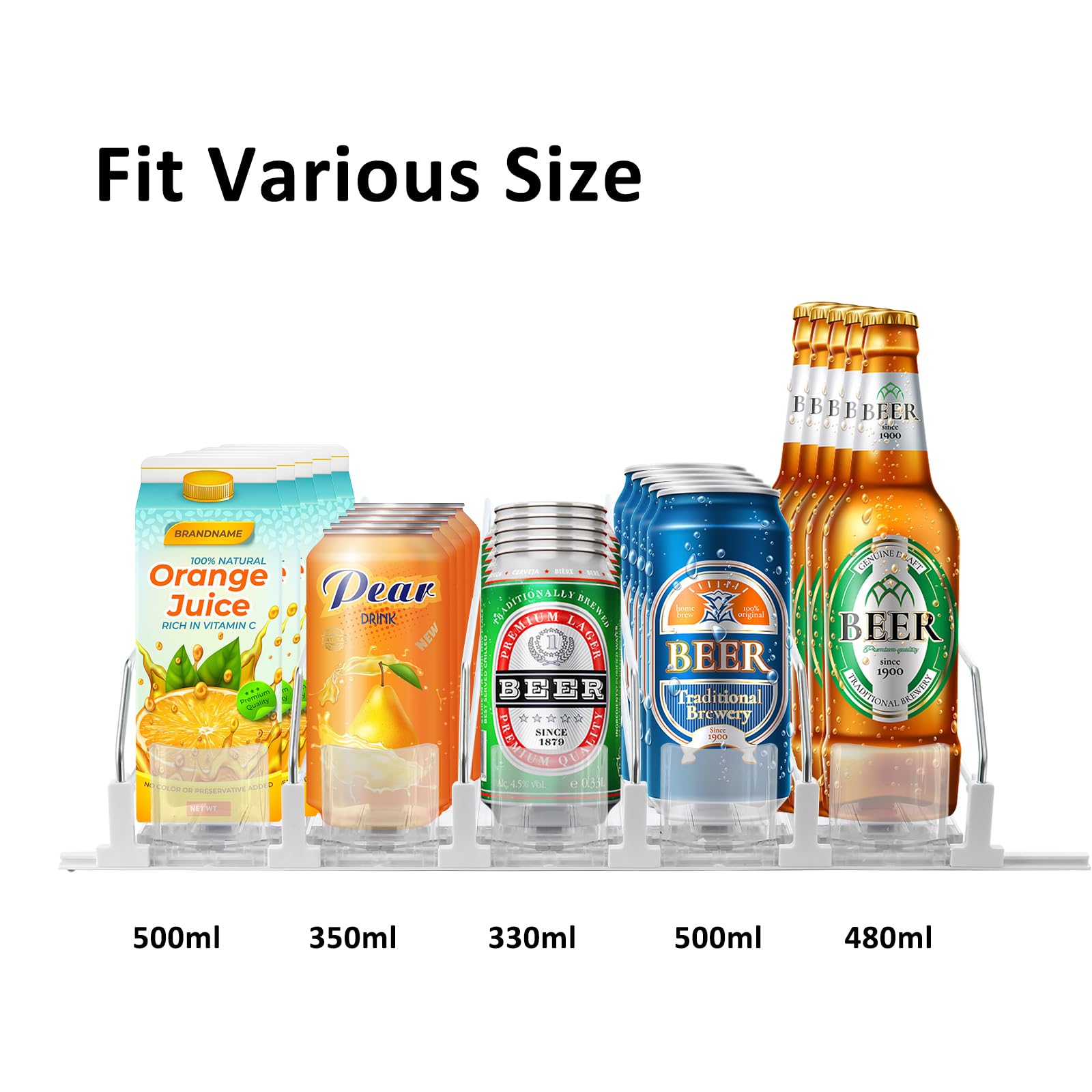 ONCHSH Drink Organizer for Fridge,Soda Can Drink Organizer for Refrigerator,Beer Pop Can Water Bottle Storage for Pantry,Width Adjustable Beverage Pusher Glide (White, 16.4"D - 5 Rows)