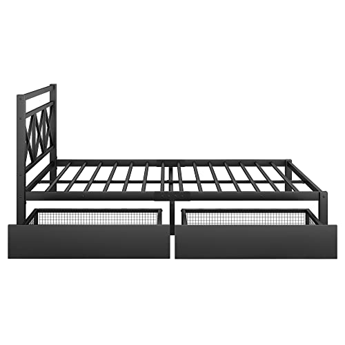 RORIGAT Queen Bed with 2 Drawers, Metal Platform Heavy Duty Beds Frames with Storage, Noise-Free, No Box Spring Needed/Easy Assembly (Queen Size, Black)