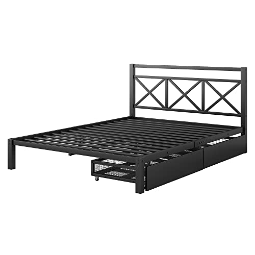 RORIGAT Queen Bed with 2 Drawers, Metal Platform Heavy Duty Beds Frames with Storage, Noise-Free, No Box Spring Needed/Easy Assembly (Queen Size, Black)