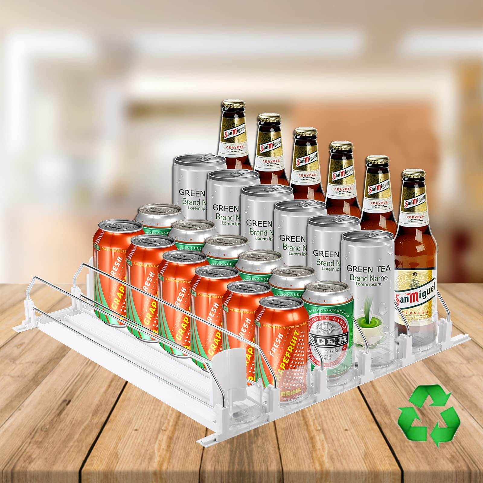 ONCHSH Drink Organizer for Fridge,Soda Can Drink Organizer for Refrigerator,Beer Pop Can Water Bottle Storage for Pantry,Width Adjustable Beverage Pusher Glide (White, 16.4"D - 5 Rows)