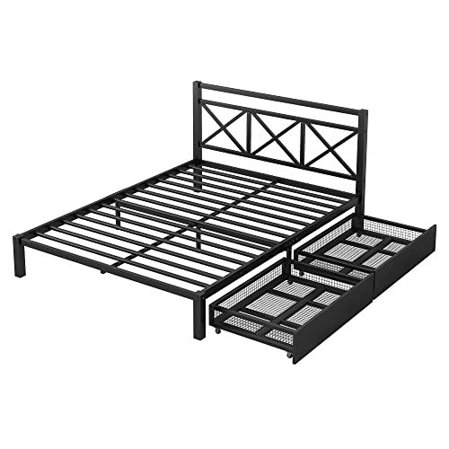 RORIGAT Queen Bed with 2 Drawers, Metal Platform Heavy Duty Beds Frames with Storage, Noise-Free, No Box Spring Needed/Easy Assembly (Queen Size, Black)