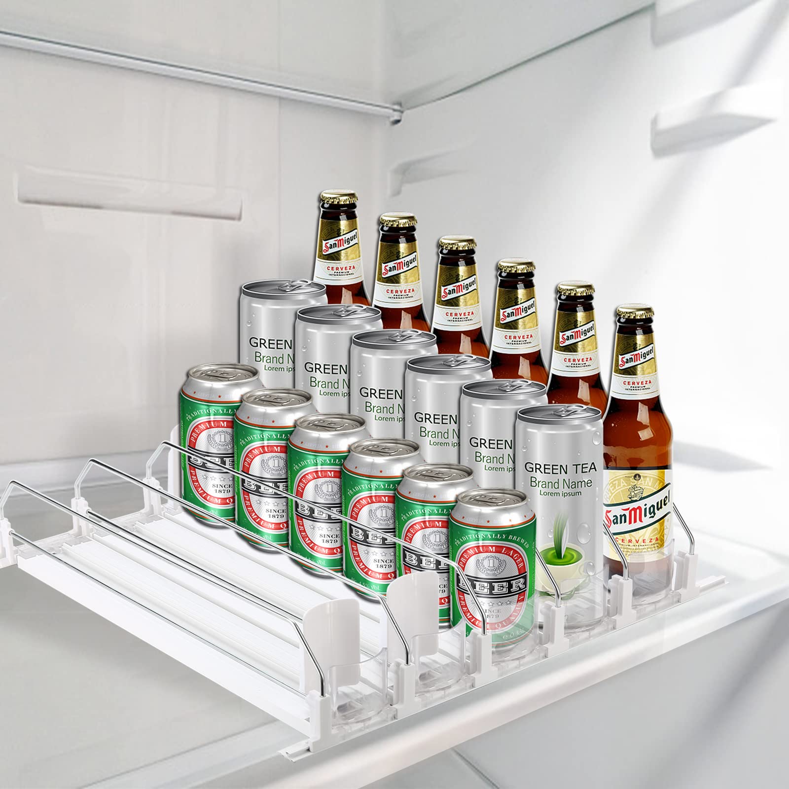 ONCHSH Drink Organizer for Fridge,Soda Can Drink Organizer for Refrigerator,Beer Pop Can Water Bottle Storage for Pantry,Width Adjustable Beverage Pusher Glide (White, 16.4"D - 5 Rows)