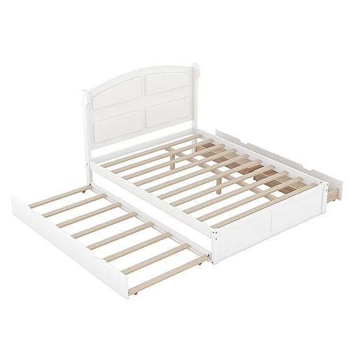 BOVZA Queen Size Platform Bed Frame with Headboard, Twin Size Trundle and 2 Drawers, White