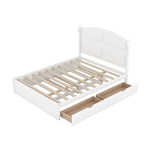 BOVZA Queen Size Platform Bed Frame with Headboard, Twin Size Trundle and 2 Drawers, White