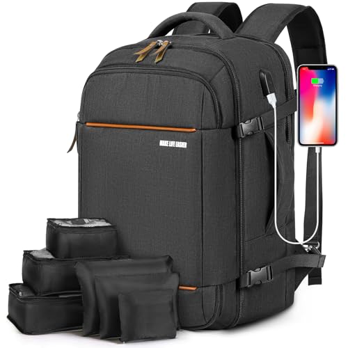 Lekeinchi Carry On Backpack for Airlines - 32L Large Travel Backpack with Shoe Compartment - 17 Inch Laptop Backpack with 6 Packing Cubes for Men for Business Trip, Black
