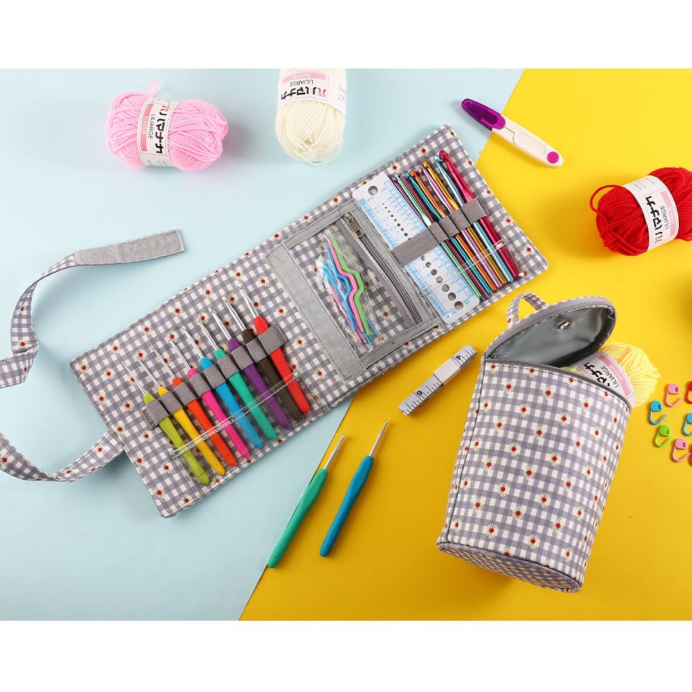 Yarn Ave 49 Pcs Crochet Kit, Aluminium Crochet Hooks, Yarn Balls, Sewing Needles, Cable Needles, Stitch Markers, Scissor, Ruler, Tape Measure, Beginners Set, DIY Crafts (#Grey/White)