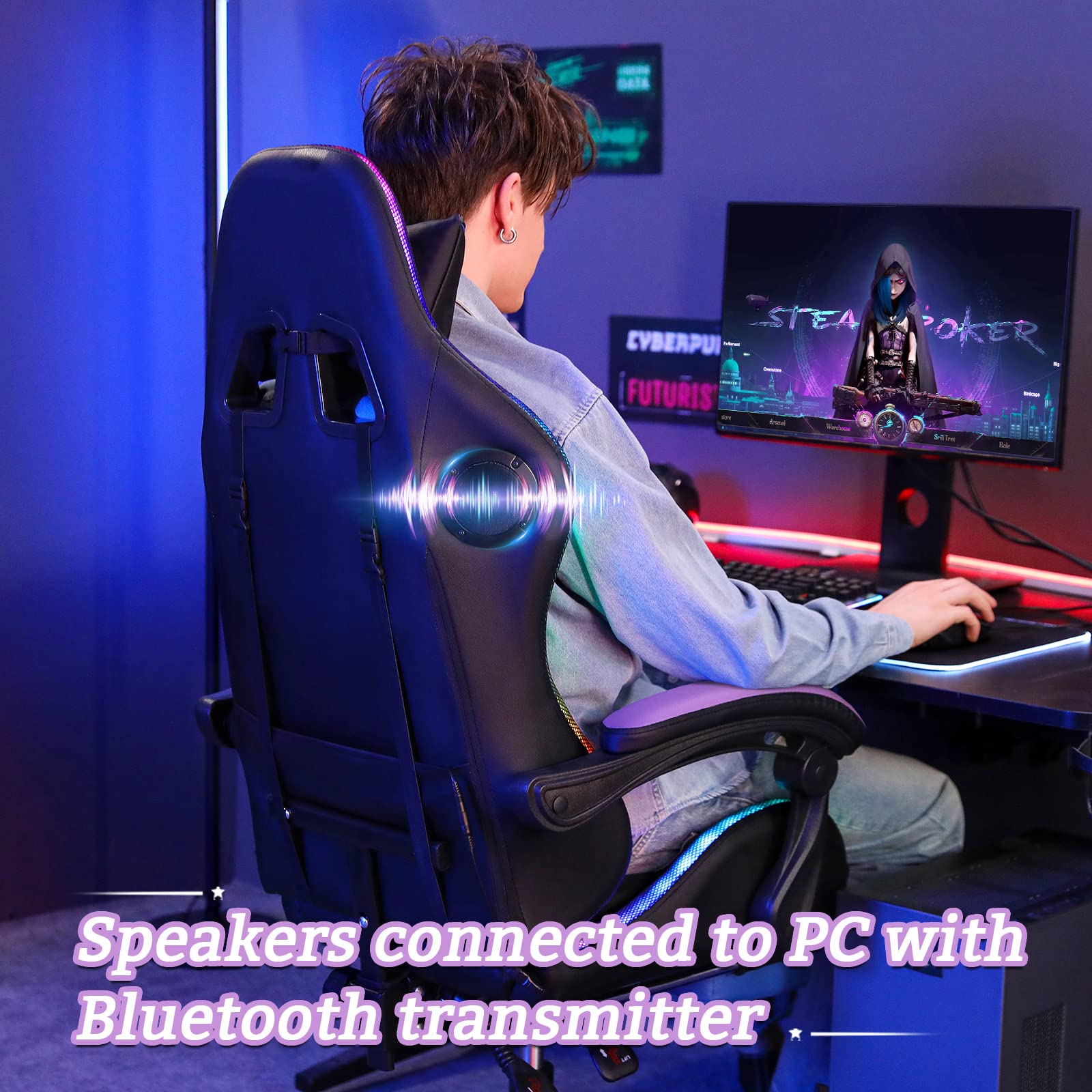 Gaming Chair with Bluetooth Speakers and LED RGB Lights Ergonomic Massage Computer Gaming Chair with Footrest High Back Music Video Game Chair with Lumbar Support Purple and Black