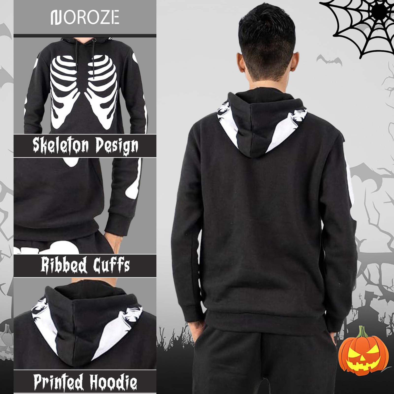 NOROZE Men's Halloween Skeleton Tracksuit Hoodie Jumper Joggers Unisex Set (M, Skeleton Black)