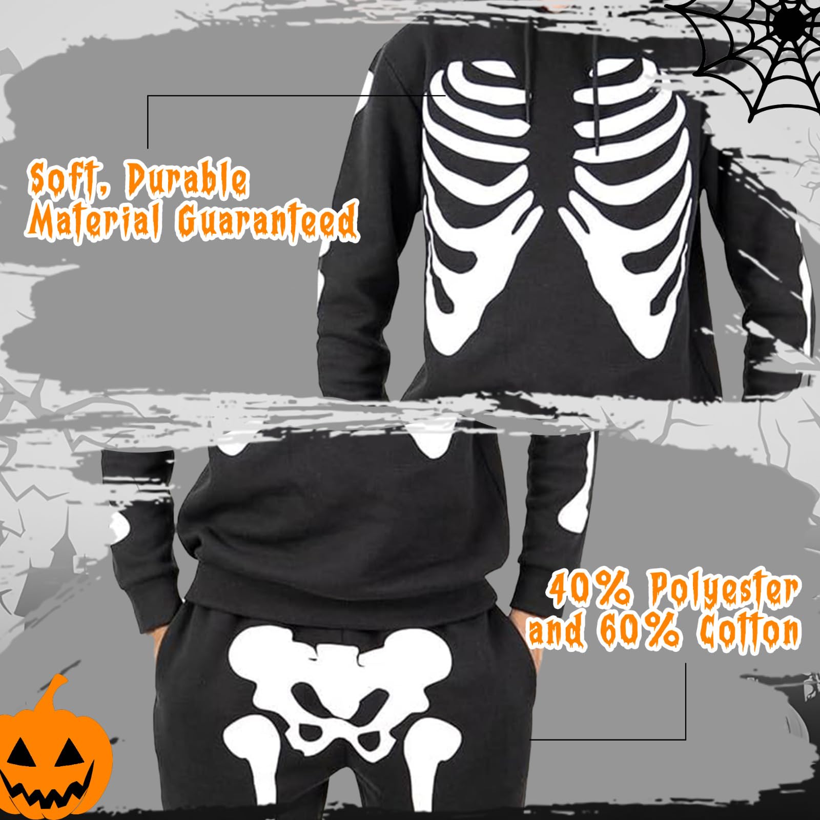 NOROZE Men's Halloween Skeleton Tracksuit Hoodie Jumper Joggers Unisex Set (M, Skeleton Black)