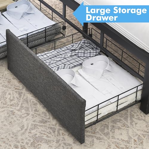 Queen Size Bed Frame with 2 Storage Drawers, Button Tufted Headboard and LED Lights, Upholstered Platform Bed with Storage, Heavy Duty Metal Slats, No Box Spring Needed, Noise Free, Easy Assembly