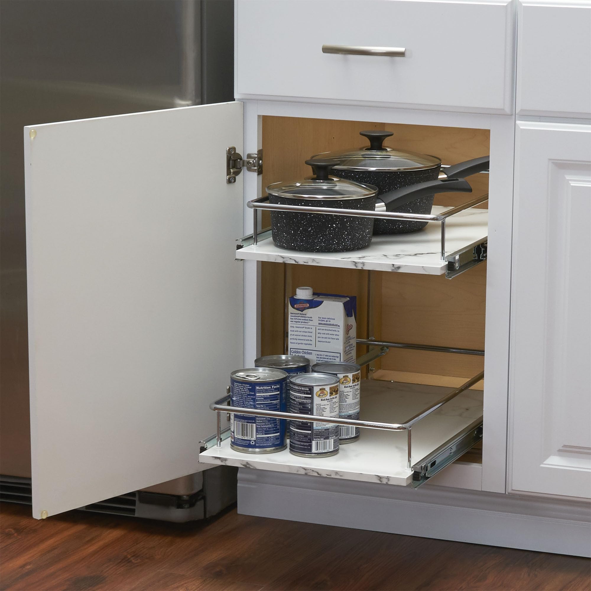 Household Essentials Faux Marble C53345-1 Glidez 2-Tier Kitchen Cabinet Organizer | Pull Out Shelves for Storage | 22 in D x 14.5 in W x 17 in H Wide