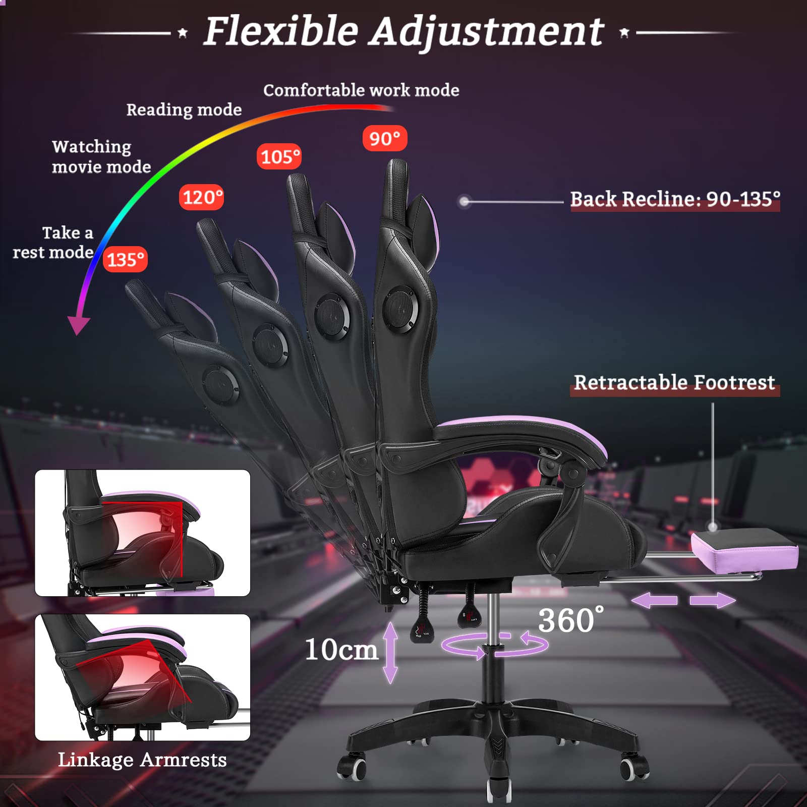 Gaming Chair with Bluetooth Speakers and LED RGB Lights Ergonomic Massage Computer Gaming Chair with Footrest High Back Music Video Game Chair with Lumbar Support Purple and Black