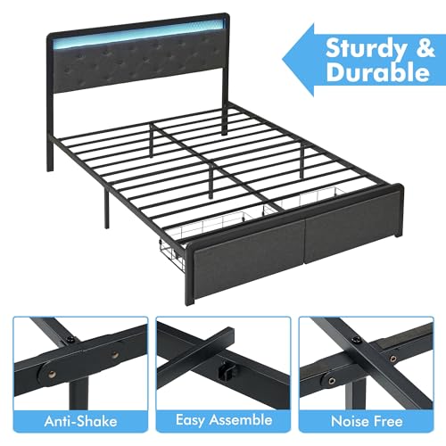 Queen Size Bed Frame with 2 Storage Drawers, Button Tufted Headboard and LED Lights, Upholstered Platform Bed with Storage, Heavy Duty Metal Slats, No Box Spring Needed, Noise Free, Easy Assembly