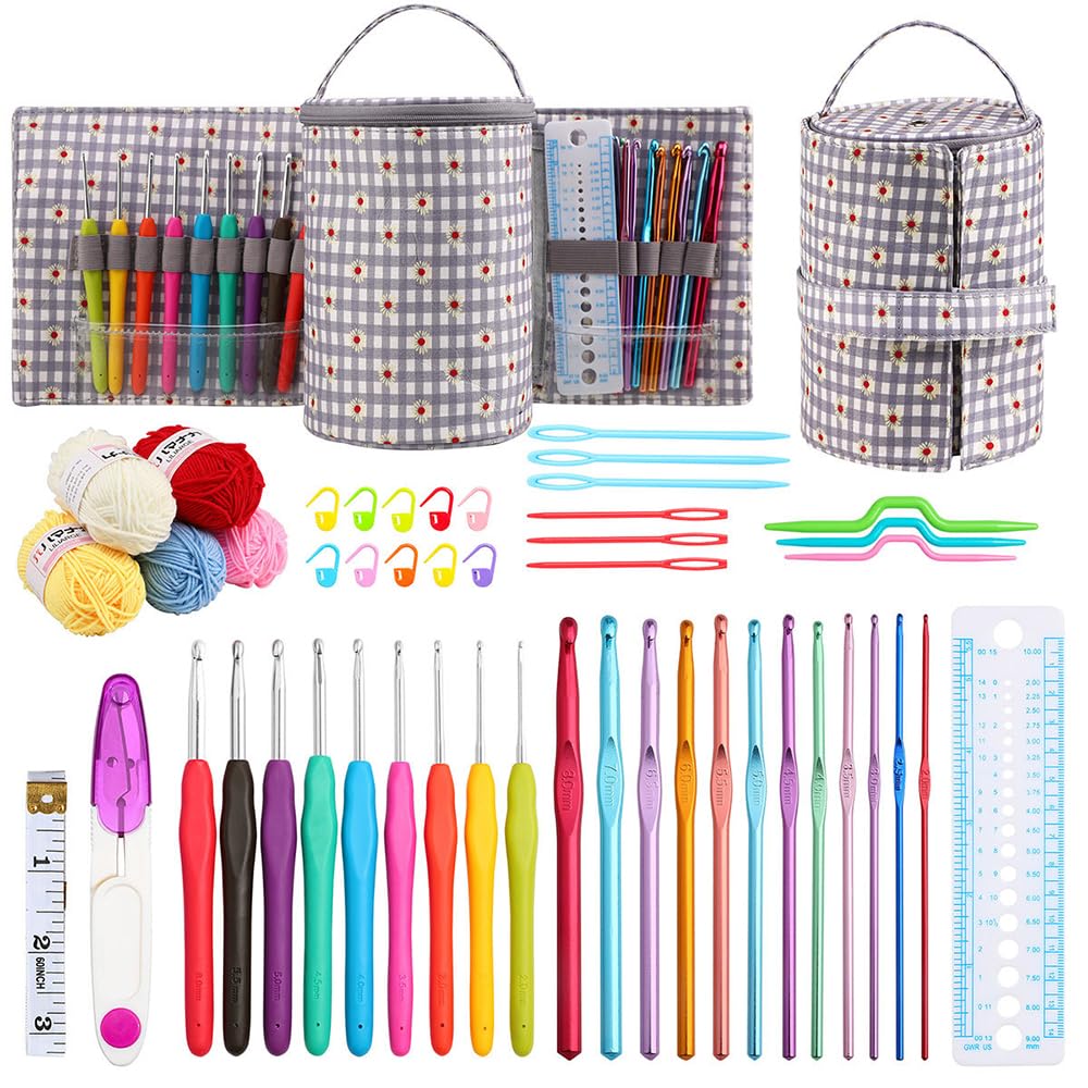 Yarn Ave 49 Pcs Crochet Kit, Aluminium Crochet Hooks, Yarn Balls, Sewing Needles, Cable Needles, Stitch Markers, Scissor, Ruler, Tape Measure, Beginners Set, DIY Crafts (#Grey/White)