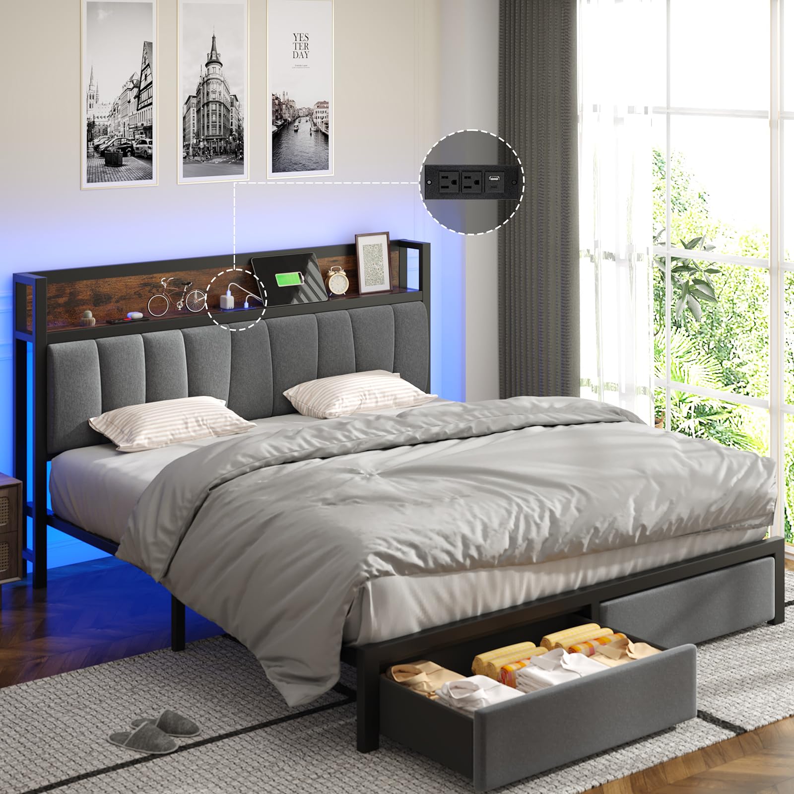 IETEBHHAS LED Queen Size Bed Frame with Headboard Storage Drawers, Smart Queen Bed Frames with Charging Station USB, Upholstered Platform Bed Frames Queen Size, Grey