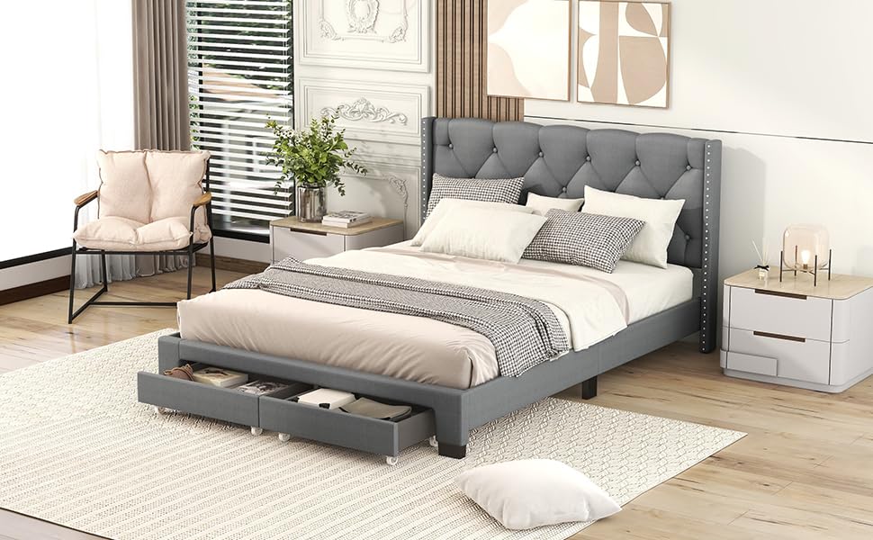 ALYSAHOME Upholstered Queen Size Platform Bed with Storage for Kids,Adults Bedroom,Linen Fabric Bedframe w/Two Drawers & Tufted Nailed Headboard,Space Saving Design & No Box Spring Needed, Gray