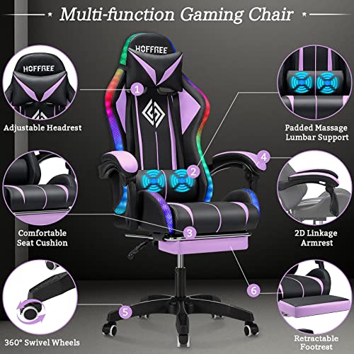 Gaming Chair with Bluetooth Speakers and LED RGB Lights Ergonomic Massage Computer Gaming Chair with Footrest High Back Music Video Game Chair with Lumbar Support Purple and Black