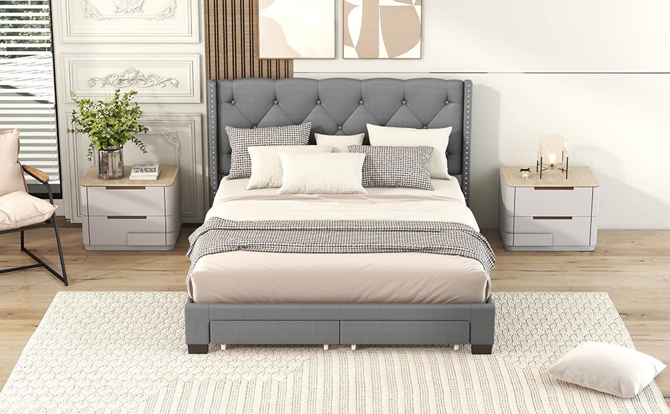 ALYSAHOME Upholstered Queen Size Platform Bed with Storage for Kids,Adults Bedroom,Linen Fabric Bedframe w/Two Drawers & Tufted Nailed Headboard,Space Saving Design & No Box Spring Needed, Gray