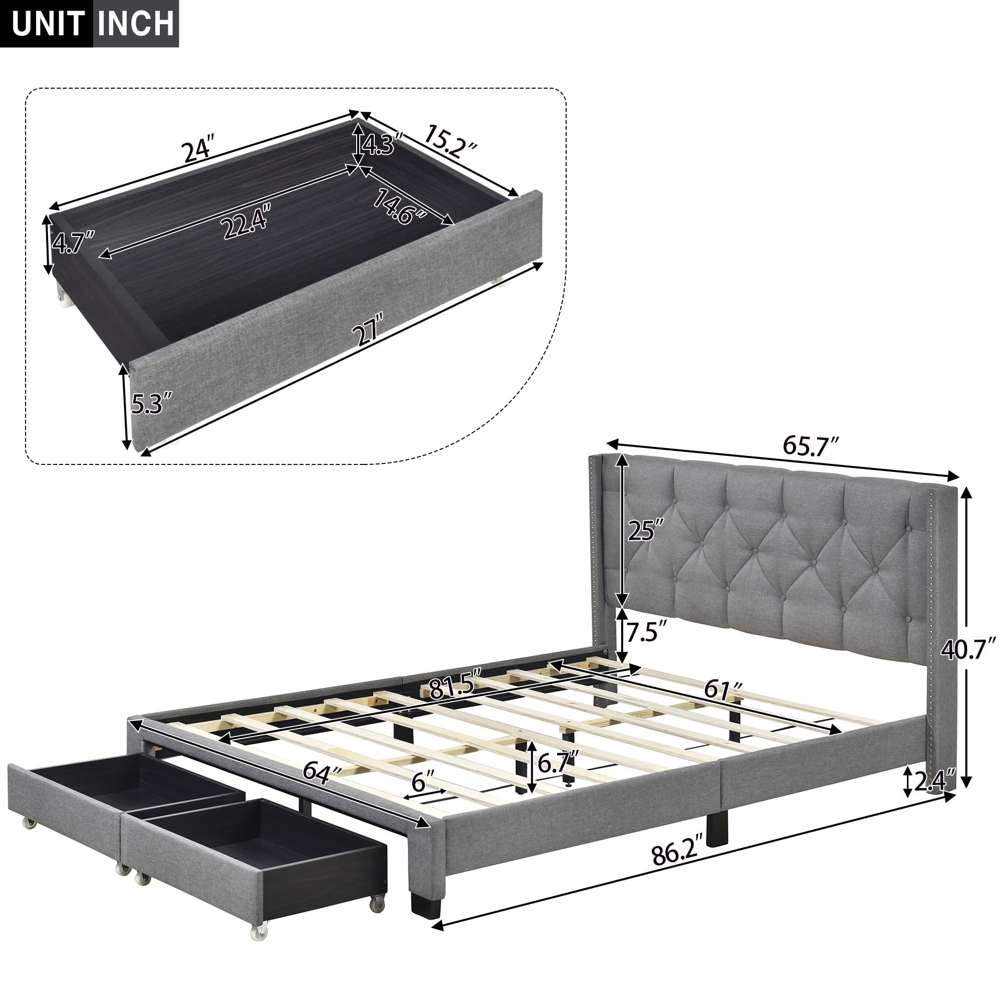 ALYSAHOME Upholstered Queen Size Platform Bed with Storage for Kids,Adults Bedroom,Linen Fabric Bedframe w/Two Drawers & Tufted Nailed Headboard,Space Saving Design & No Box Spring Needed, Gray