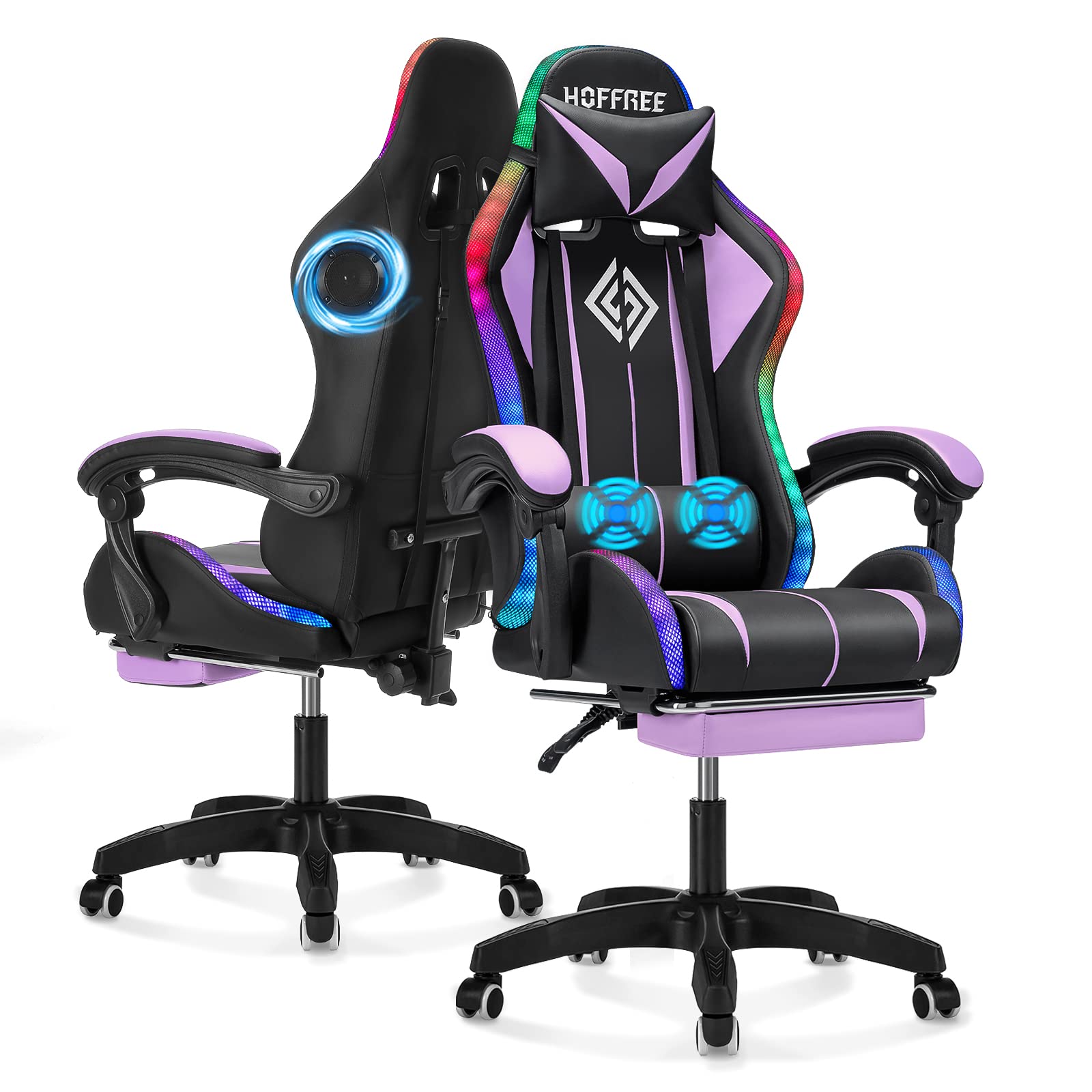 Gaming Chair with Bluetooth Speakers and LED RGB Lights Ergonomic Massage Computer Gaming Chair with Footrest High Back Music Video Game Chair with Lumbar Support Purple and Black