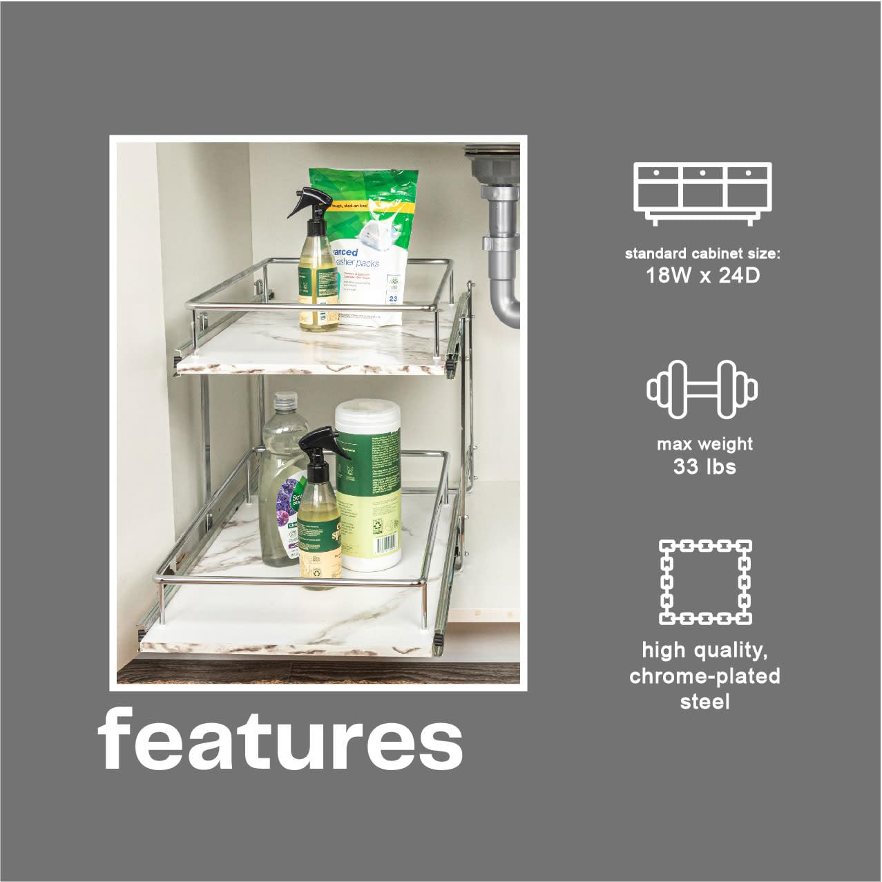 Household Essentials Faux Marble C53345-1 Glidez 2-Tier Kitchen Cabinet Organizer | Pull Out Shelves for Storage | 22 in D x 14.5 in W x 17 in H Wide