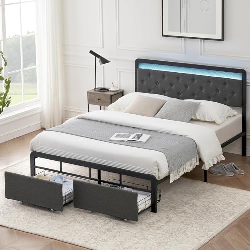Queen Size Bed Frame with 2 Storage Drawers, Button Tufted Headboard and LED Lights, Upholstered Platform Bed with Storage, Heavy Duty Metal Slats, No Box Spring Needed, Noise Free, Easy Assembly