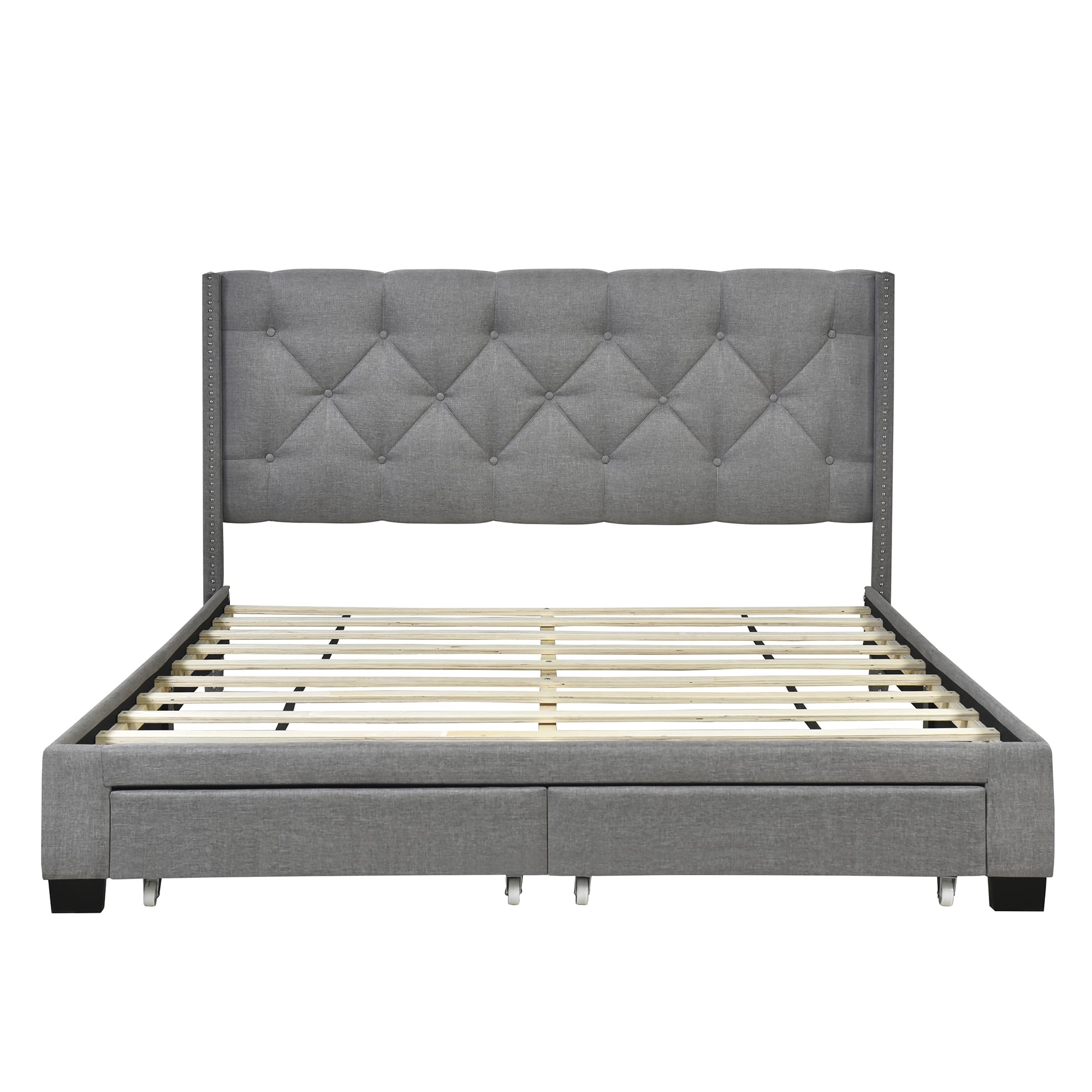 ALYSAHOME Upholstered Queen Size Platform Bed with Storage for Kids,Adults Bedroom,Linen Fabric Bedframe w/Two Drawers & Tufted Nailed Headboard,Space Saving Design & No Box Spring Needed, Gray