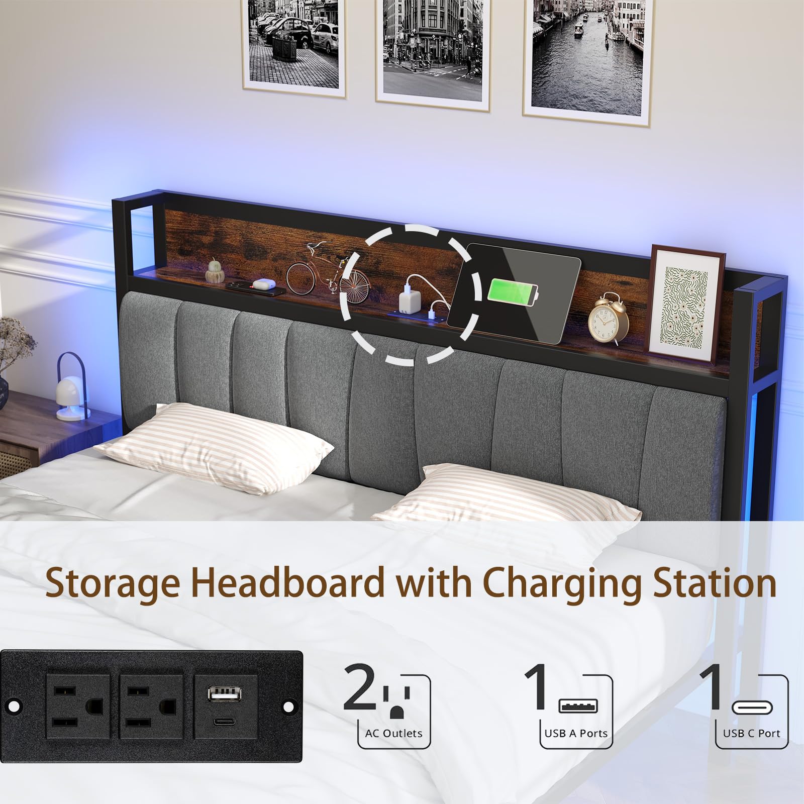 IETEBHHAS LED Queen Size Bed Frame with Headboard Storage Drawers, Smart Queen Bed Frames with Charging Station USB, Upholstered Platform Bed Frames Queen Size, Grey