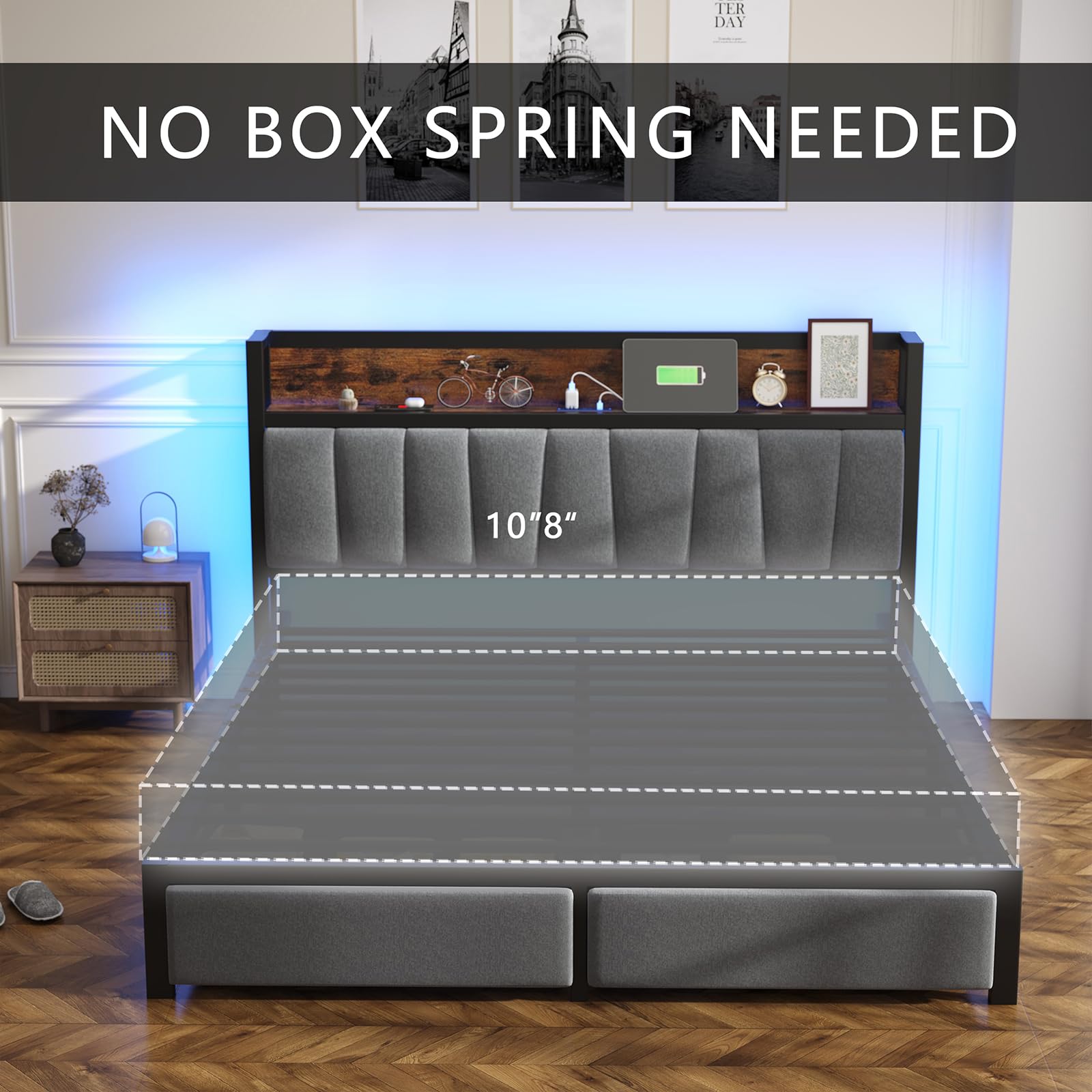 IETEBHHAS LED Queen Size Bed Frame with Headboard Storage Drawers, Smart Queen Bed Frames with Charging Station USB, Upholstered Platform Bed Frames Queen Size, Grey