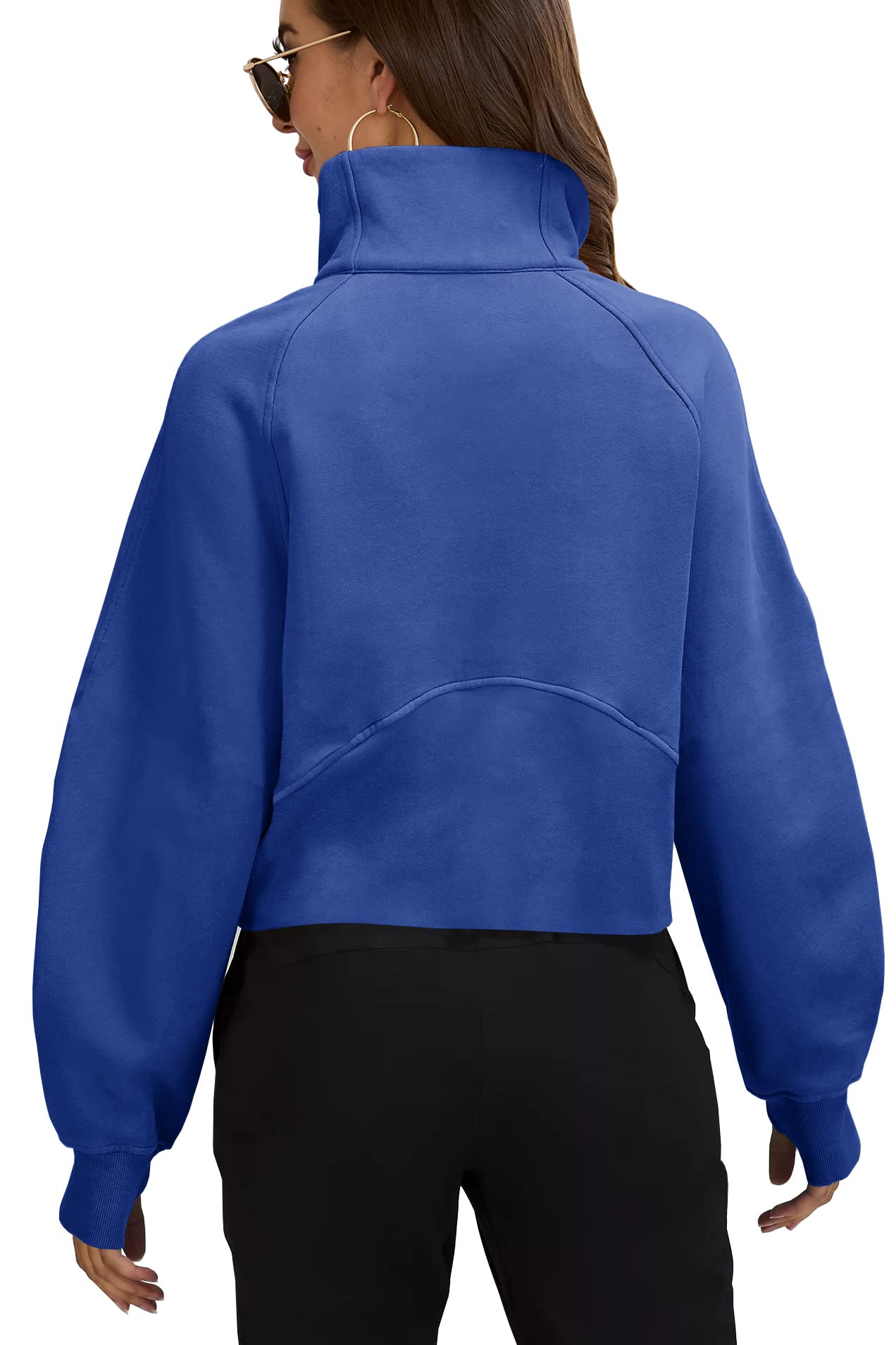 Womens Sweatshirts Half Zipper Crop Pullover Funnel Neck Fleece Lined Zip Up Long Sleeve Tops Thumb Hole Blue