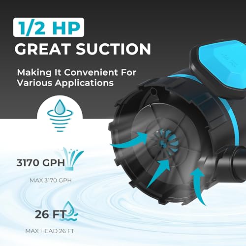Bomgie 1/2HP Sump Pump 3170GPH Submersible Water Pump with Automatic Float Switch, Utility Pumps for Pool Draining, Basement Flooding, Garden Pond Low Water Level with 20ft Cord