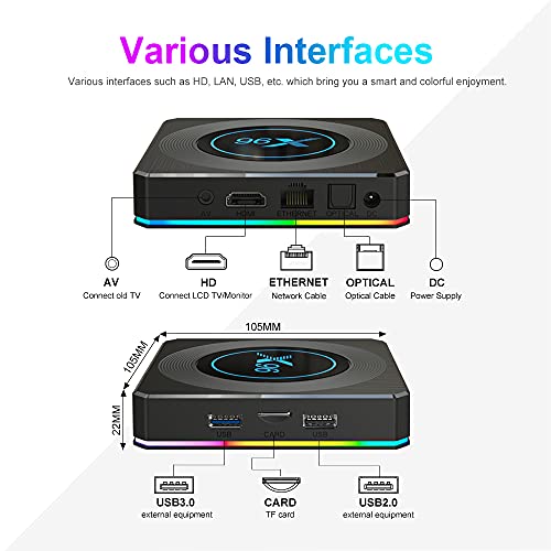 Xilibod Android TV Box Android 11 TV Box 4GB RAM 32GB ROM Amlogic S905X4 Quad Core 64 Bit Mali-G31 MP2 2.4G/5G WiFi BT4.1 USB3.0 Colorful Lighting Smart TV Box - Model No.: X96X4 4GB 32GB