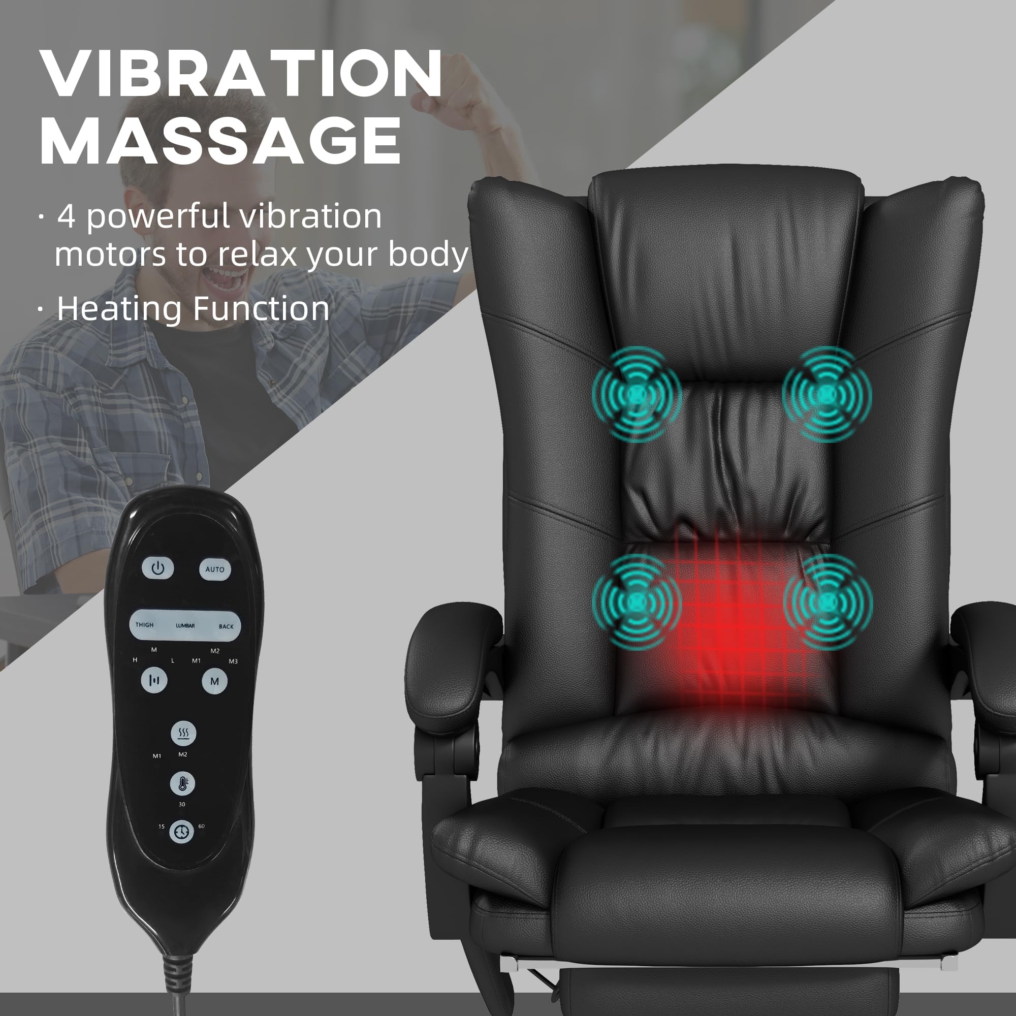 Vinsetto PU Leather Executive Massage Office Chair with 4 Vibration, Computer Desk Chair, Heated Reclining Chair with Adjustable Height, Swivel Wheels, Black