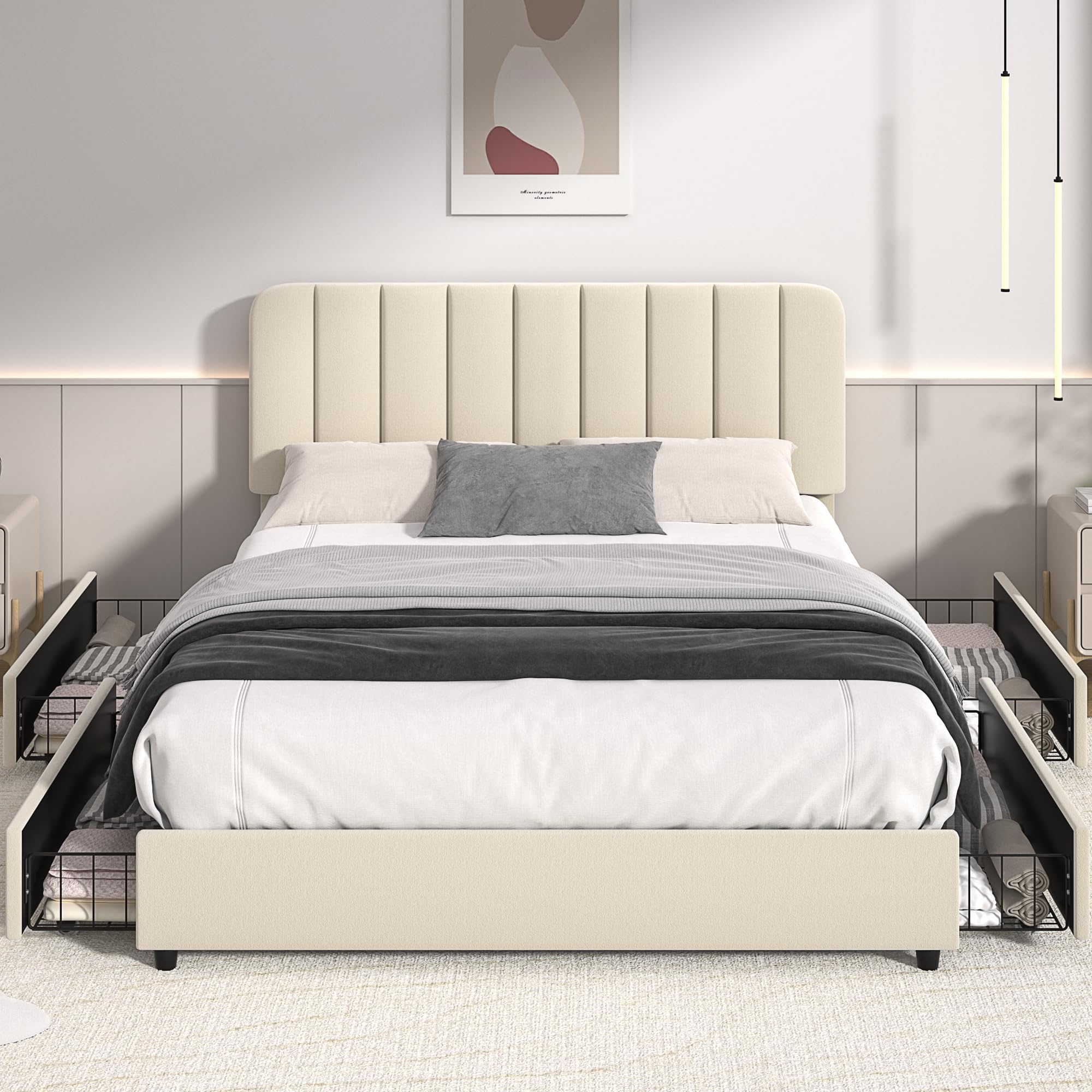 VECELO Queen Size Upholstered Bed Frame with 4 Drawers and Adjustable Headboard, Velvet Platform Storage Bedframe Mattress Foundation, Wooden Slats Support, No Box Spring Needed, Beige