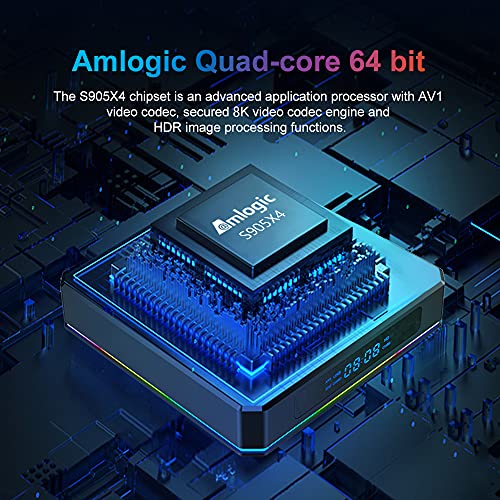 Xilibod Android TV Box Android 11 TV Box 4GB RAM 32GB ROM Amlogic S905X4 Quad Core 64 Bit Mali-G31 MP2 2.4G/5G WiFi BT4.1 USB3.0 Colorful Lighting Smart TV Box - Model No.: X96X4 4GB 32GB