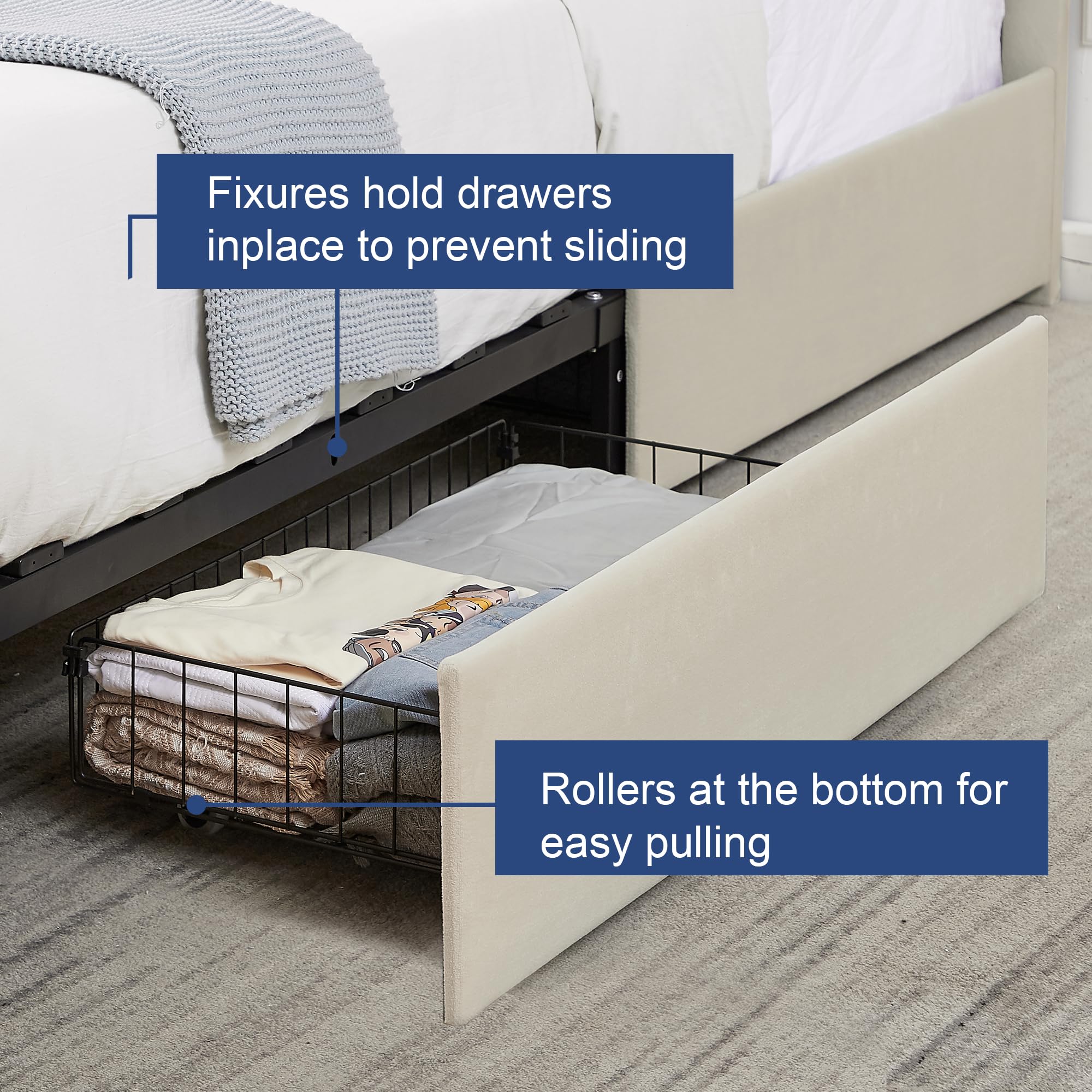 VECELO Queen Size Upholstered Bed Frame with 4 Drawers and Adjustable Headboard, Velvet Platform Storage Bedframe Mattress Foundation, Wooden Slats Support, No Box Spring Needed, Beige