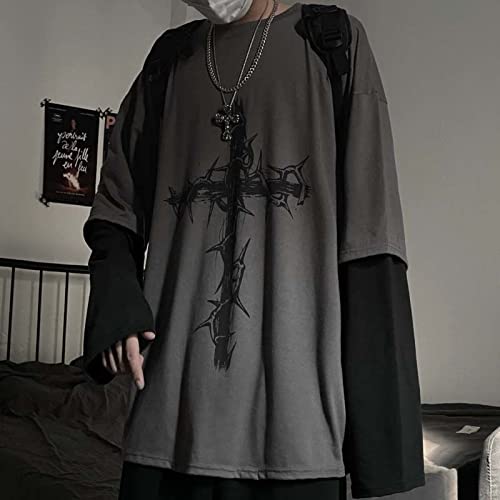 Goth Shirt Gothic Shirt Fake Two-Piece Alternative Clothing Goth Long Sleeve Top Grunge Clothes (Gray,M,Medium)
