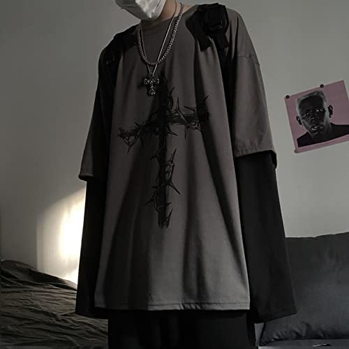 Goth Shirt Gothic Shirt Fake Two-Piece Alternative Clothing Goth Long Sleeve Top Grunge Clothes (Gray,M,Medium)